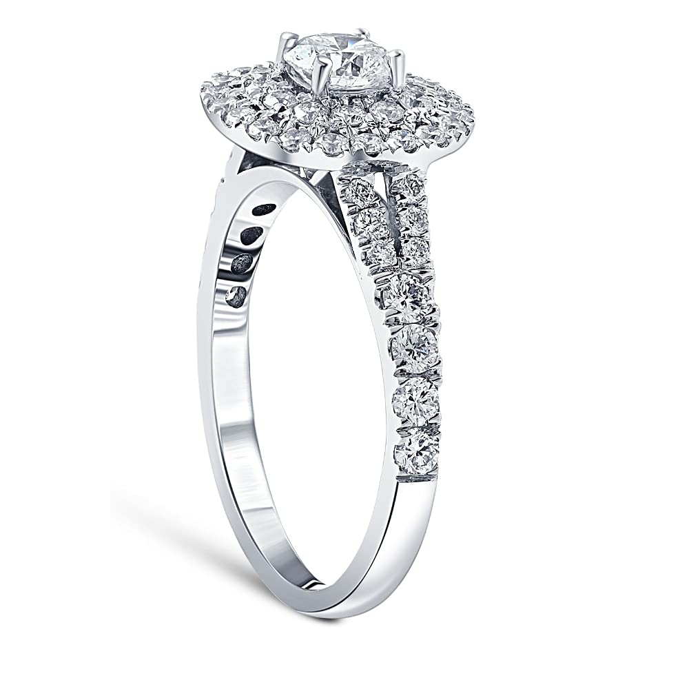 Pompeii3 10k White Gold 1 Ct T.W. Round-Cut Diamond Cushion Double Halo Engagement Ring Split Band High Women's Polished Band