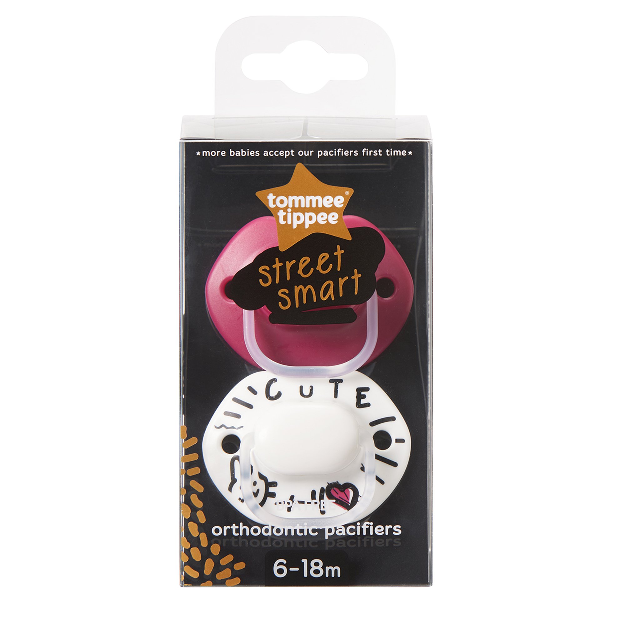 Tommee Tippee Street Smart Pacifiers, Symmetrical Design, BPA-Free Silicone Binkies, 6-18m, 2-Count