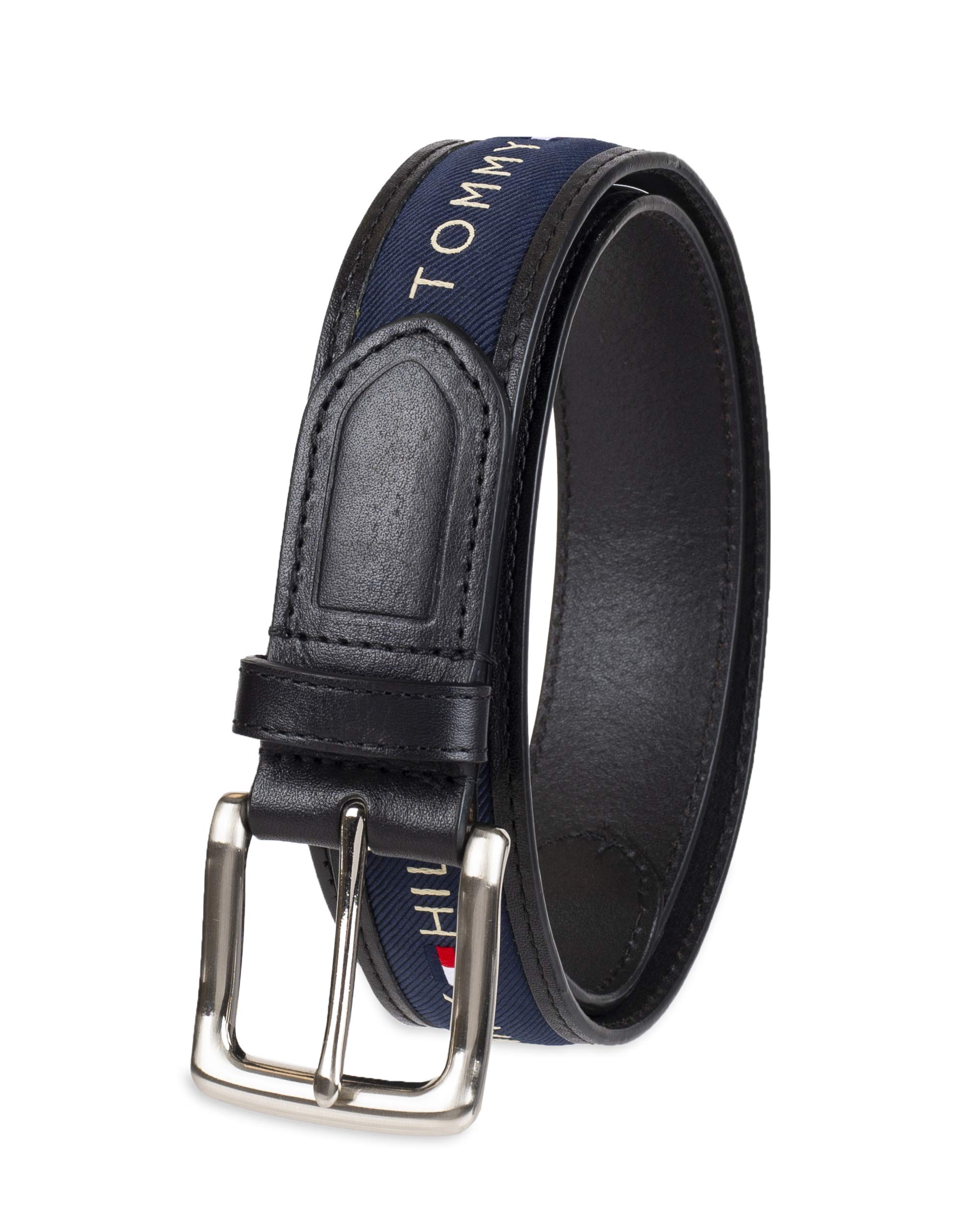 Tommy Hilfiger Men's Ribbon Inlay Belt - Ribbon Fabric Design with Single Prong Buckle, Black/Navy, 36