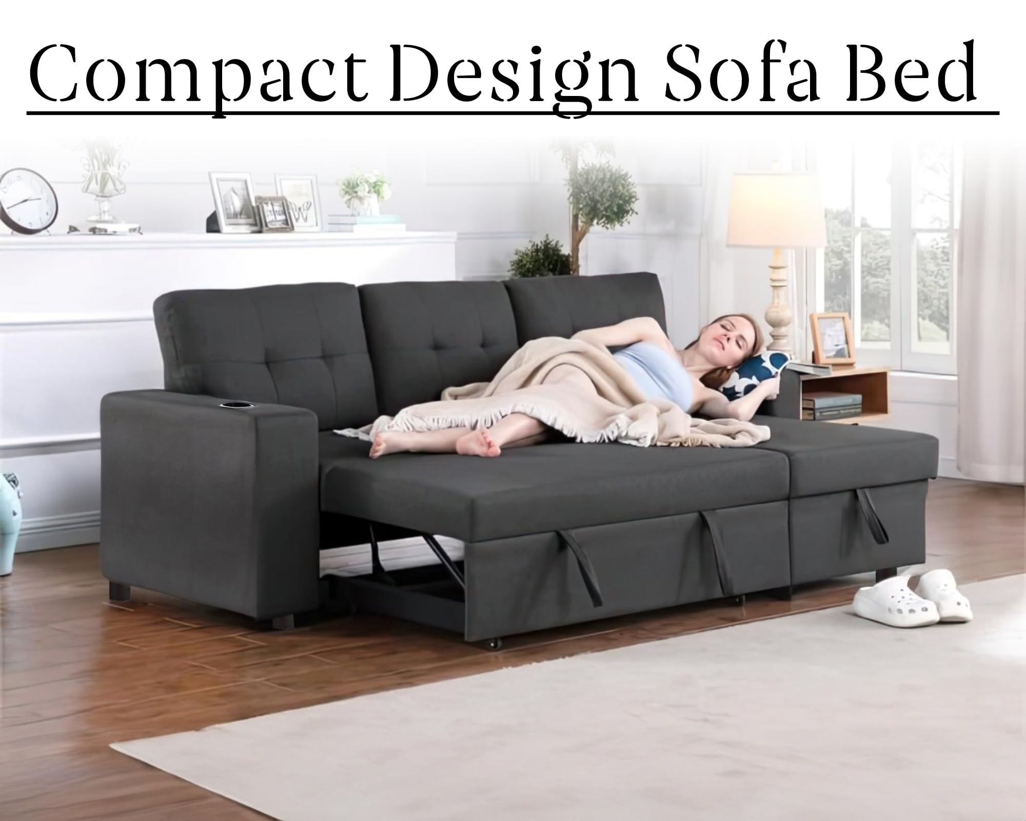 yoyomax L Shaped Sofa-82'' Sectional Sofa Chaises & Cup Holders Pull Out Bed & Storage Space for Living Room, Apartment and Office, Dark Grey(Right)
