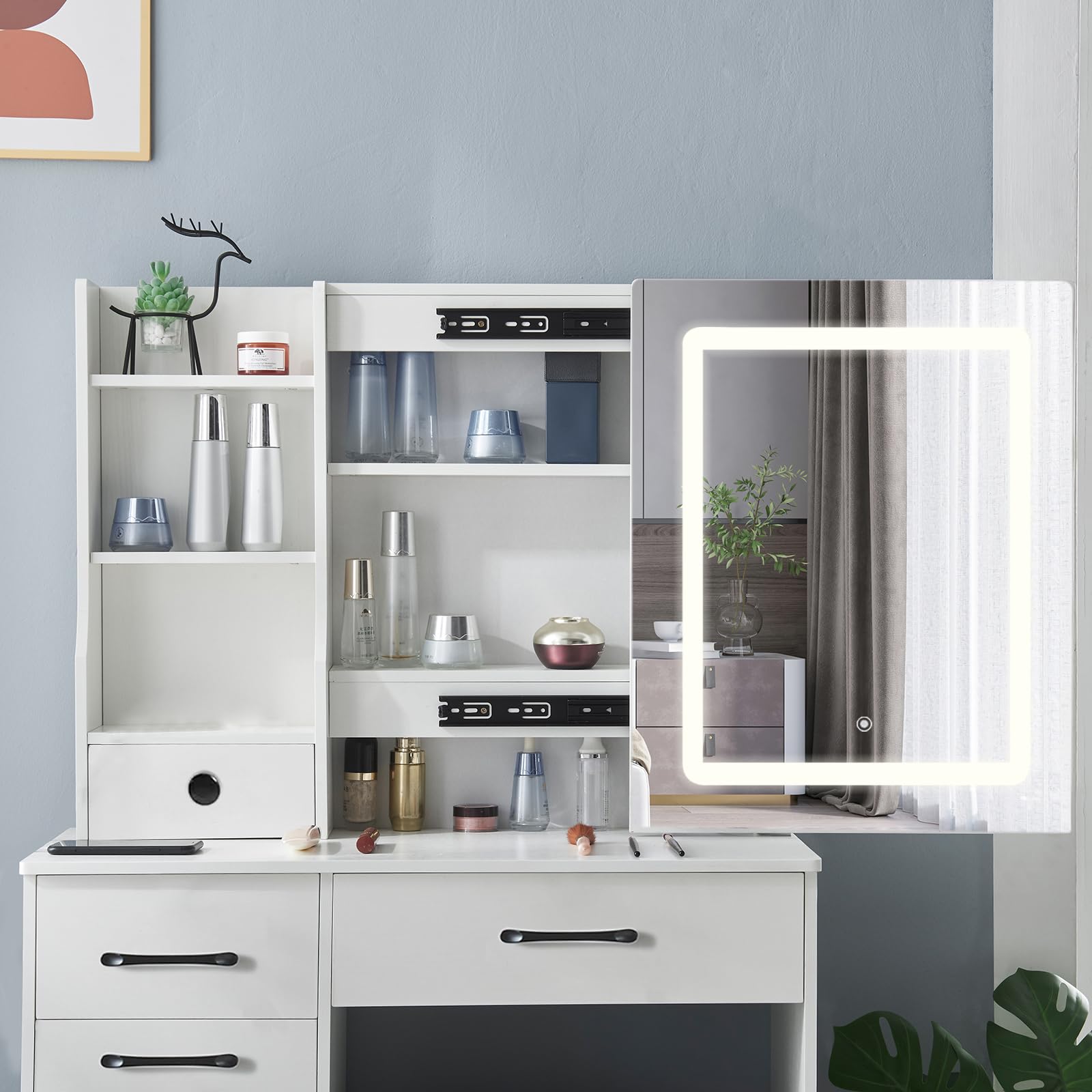 YAMISSI Makeup Vanity with Lights and 6 Drawers, Modern White Vanity Desk with Sliding Mirror and 6 Display Shelves for Girls, Dressing Table Touch Screen for Bedroom