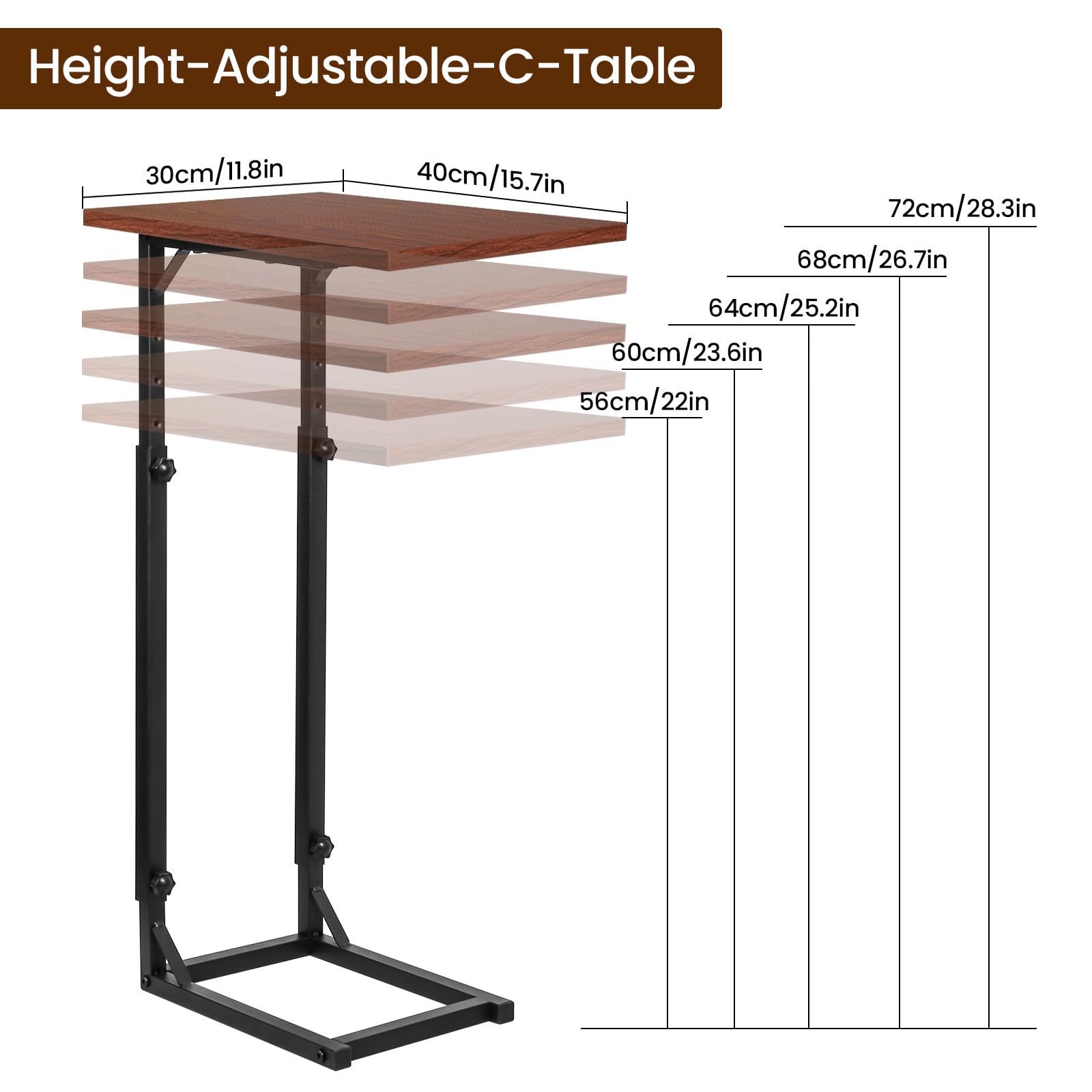 WHEARTED Adjustable C Shaped End Table - C Table Side Table for Couch and Sofa, Small Coffee Table with Metal Frame in Living Room, Bedroom, Bedside Rustic Brown