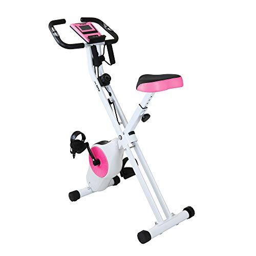 Xspec Indoor Foldable Stationary Upright Exercise Cardio Workout Cycling Bike with 16 Level Resistance & Arm Resistance Bands, Magenta