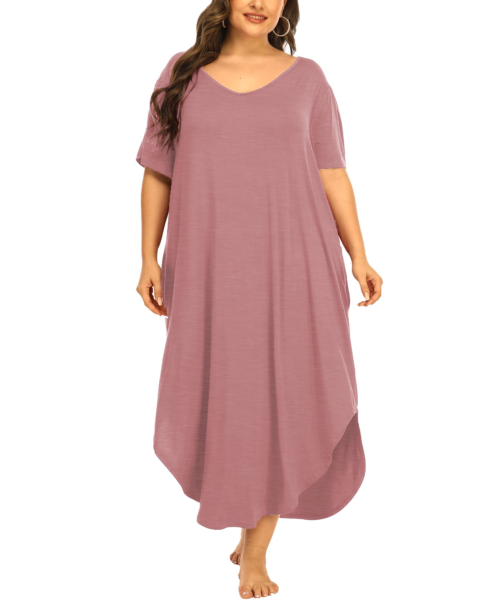 Womens Plus Size Nightgowns Sleepwear Short Sleeve Sleep Dress Maxi Night Gowns with Pockets 5X Pink