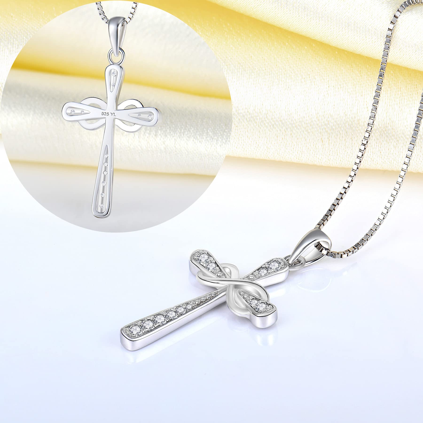YL Women's Cross Necklace Sterling Silver Infinity Crucifix Pendant Cubic Zirconia Criss Jewelry