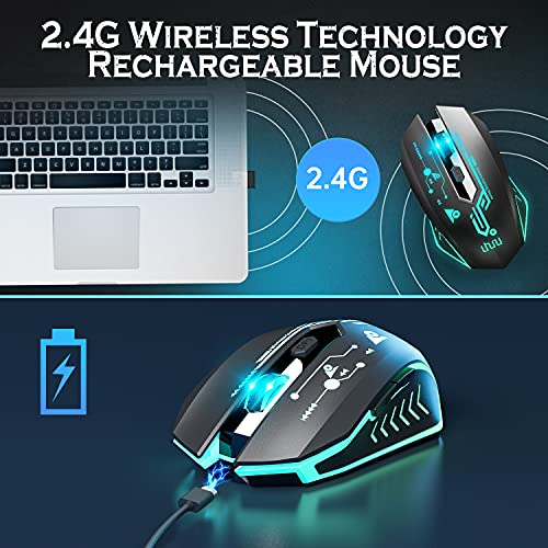 UHURU WM-02Z Wireless Gaming Mouse, 2.4G Wireless Rechargeable Mouse with 6 Programmable Buttons, 5 Adjustable Levels DPI Up to 4800DPI, 7 Colorful LED Lights, Compatible with Notebook, PC, Mac