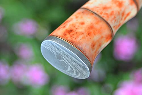 UK UNIQUE SHARP KNIVES BK-3004 Handmade Damascus Steel 12.00 Inches Damascus Steel Hunting Knife - Coloured Camel Bone Brass Spicer Handle With Damascus Gurd/pommel