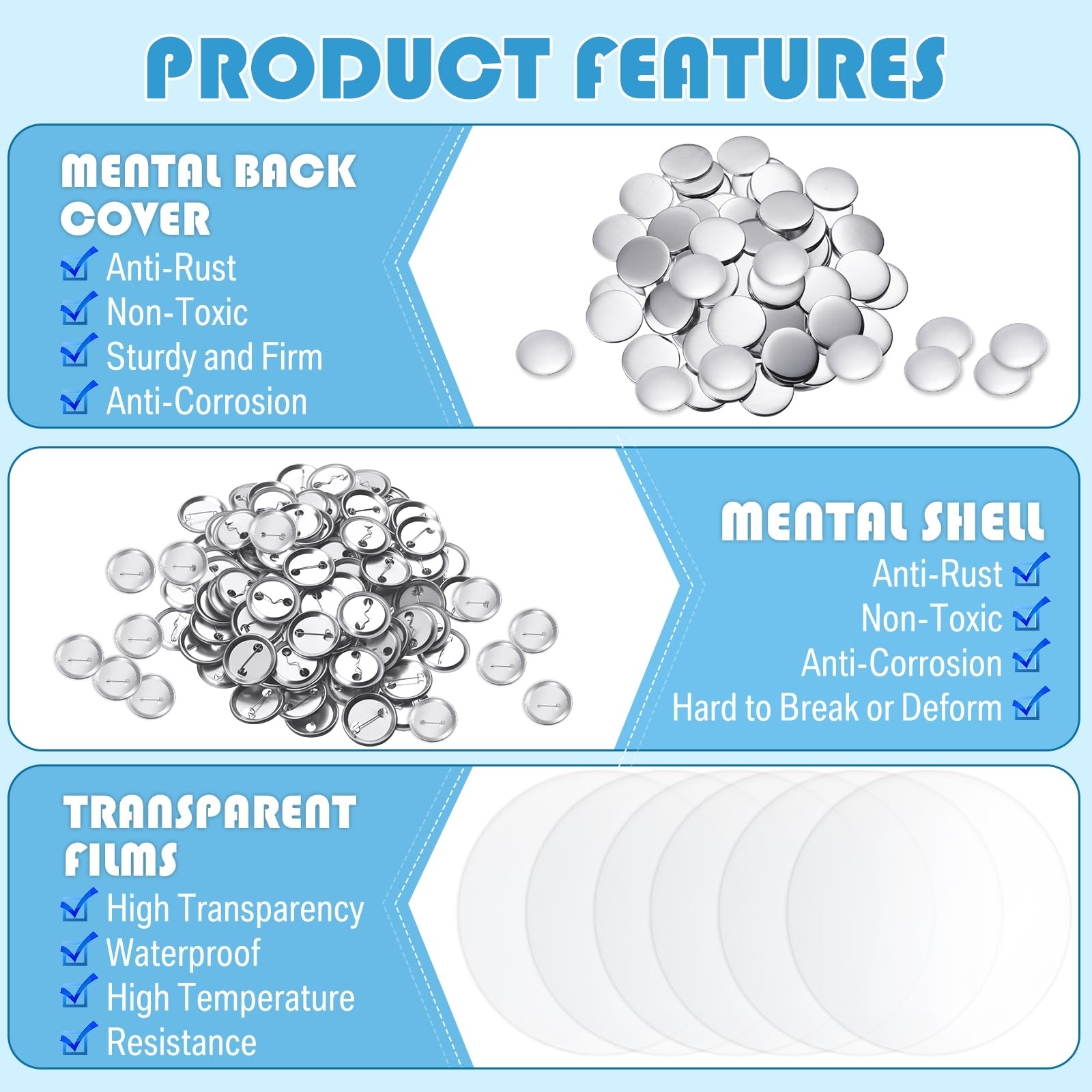Wavyknot 300 Set Blank Button Making Supplies Metal Badge Button Parts Silver Round Button Making Kit DIY Blank Button Pins for Button Maker Machine Includes Metal Shells Back Cover Clear Film (37 mm)