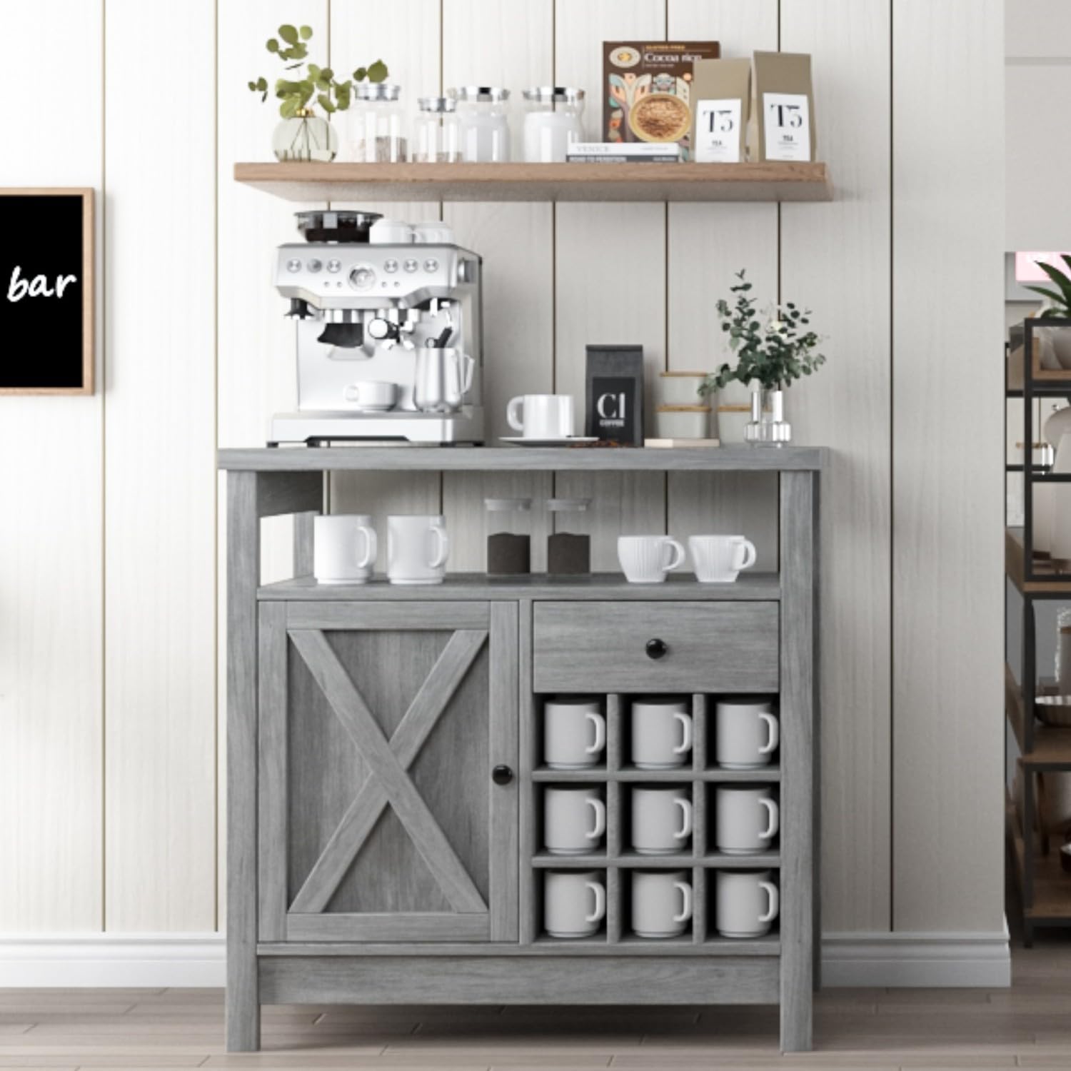 White Coffee Bar Cabinet, Farmhouse Coffee Station Cabinet with Storage, Small Coffee Bar Stand with 9 Wine Racks, Wine Bar Cabinet with Shelf for Kitchen Dining Room