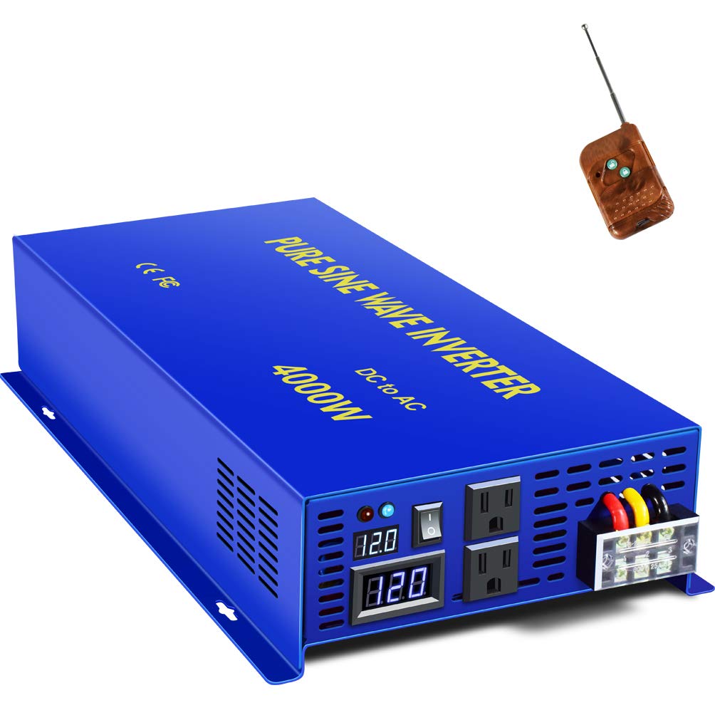 XYZ INVT 4000W Pure Sine Wave Inverter - 12V DC to 110V 120V AC Surge 8000 Watt Power Inverter Converter Generator w/ 100ft Wireless Remote Control for Solar System, Off Grid, RV.(4000W/12V)