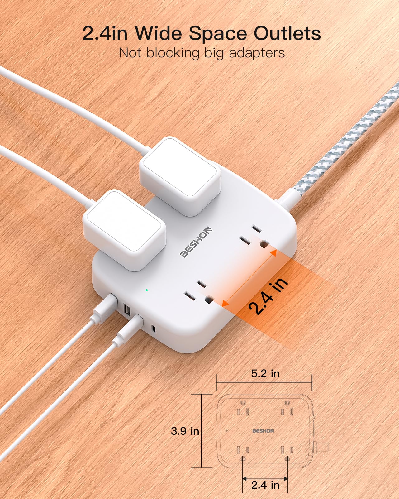 Surge Protector Power Strip with 2 USB C - 5 Ft Flat Extension Cord Flat Plug Power Strip, 4 Widely Outlets and 4 USB Charging Ports, Outlet Extender, 900 Joules, for Home Office Dorm Room Essentials