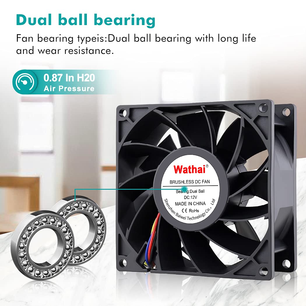 Wathai 92mm x 38mm 90mm Dual Ball 12V High Airflow Fan DC High Speed Pressure Cooling Fan