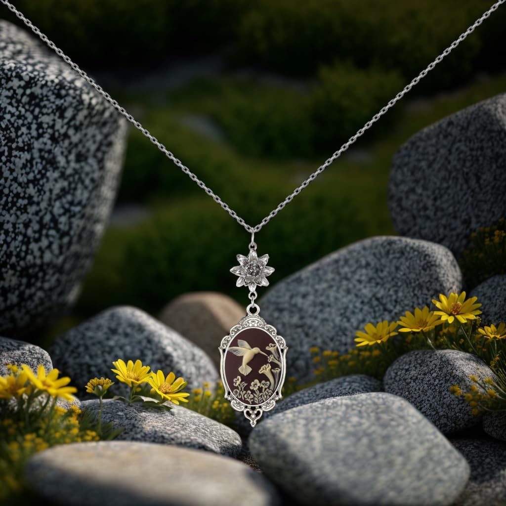 Yspace Lotus Charm Necklace Antique Decor Cameo Pendant 2 Chains Velvet Pouch for Gift (Hummingbird)