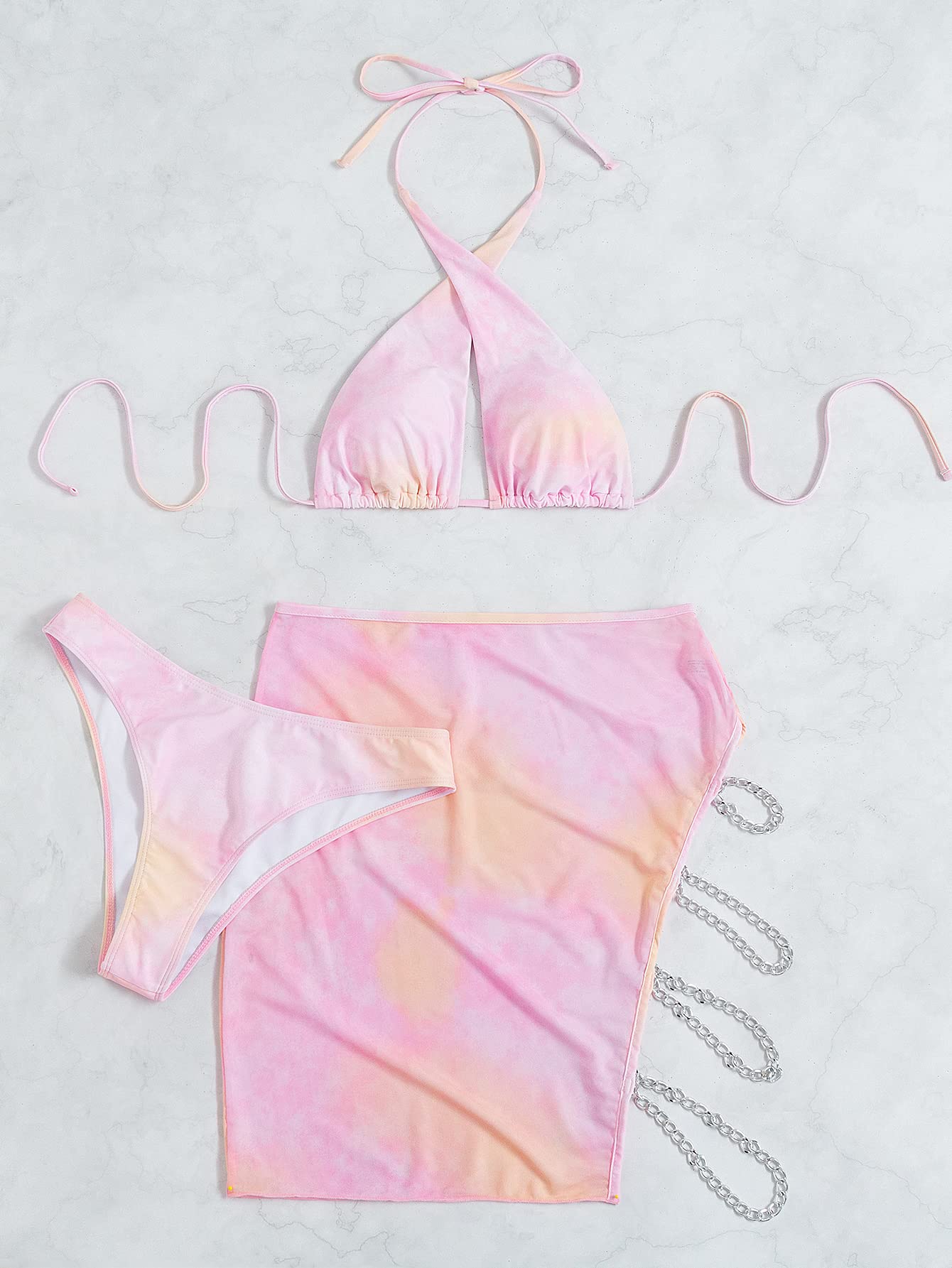 WDIRARA Women's 3 Piece Tie Dye Cut Out Criss Cross Halter Bikini Swimsuit with Chain Beach Skirt Pink M