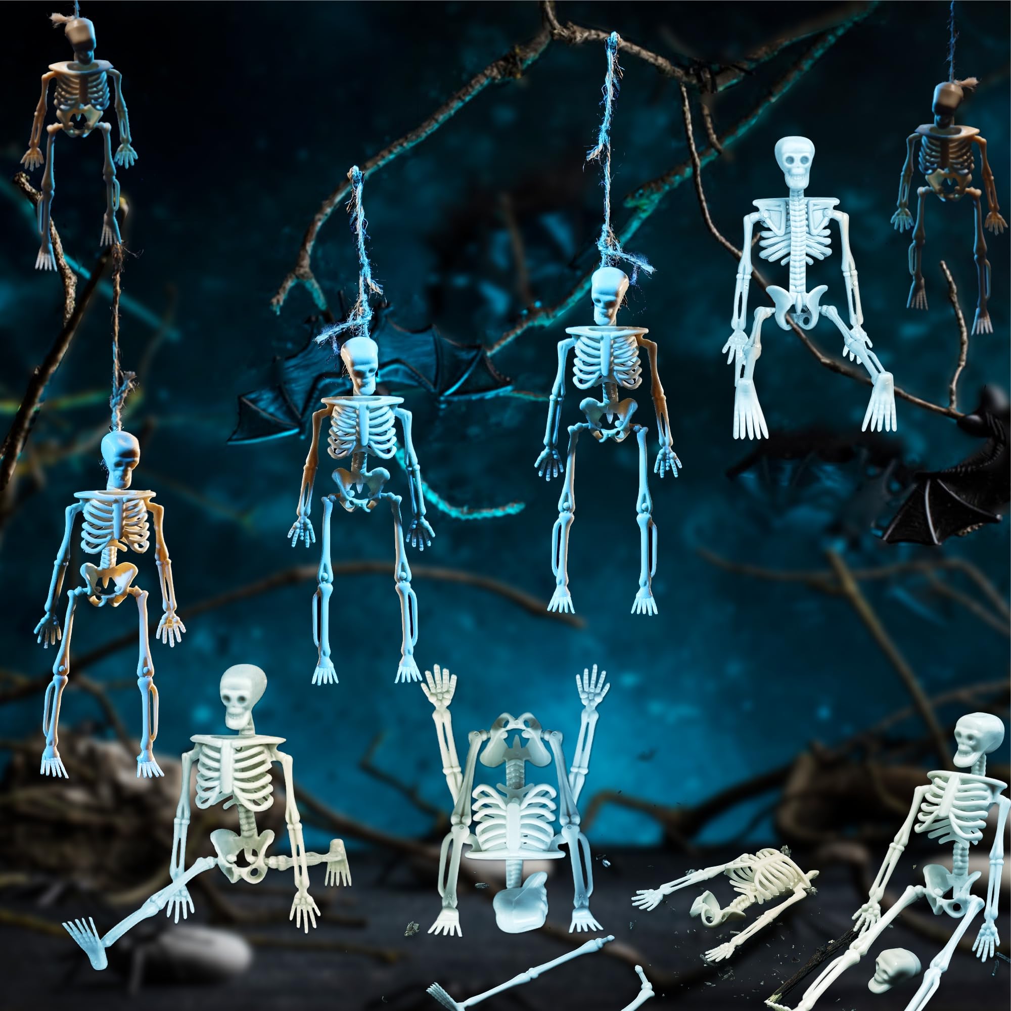 YOYOJOY Mini Skeleton Halloween Decor,10 PCS Small Skeletons Figure, 6" Halloween Posable Skeletons Decorations, Tiny Skeleton Party Favors
