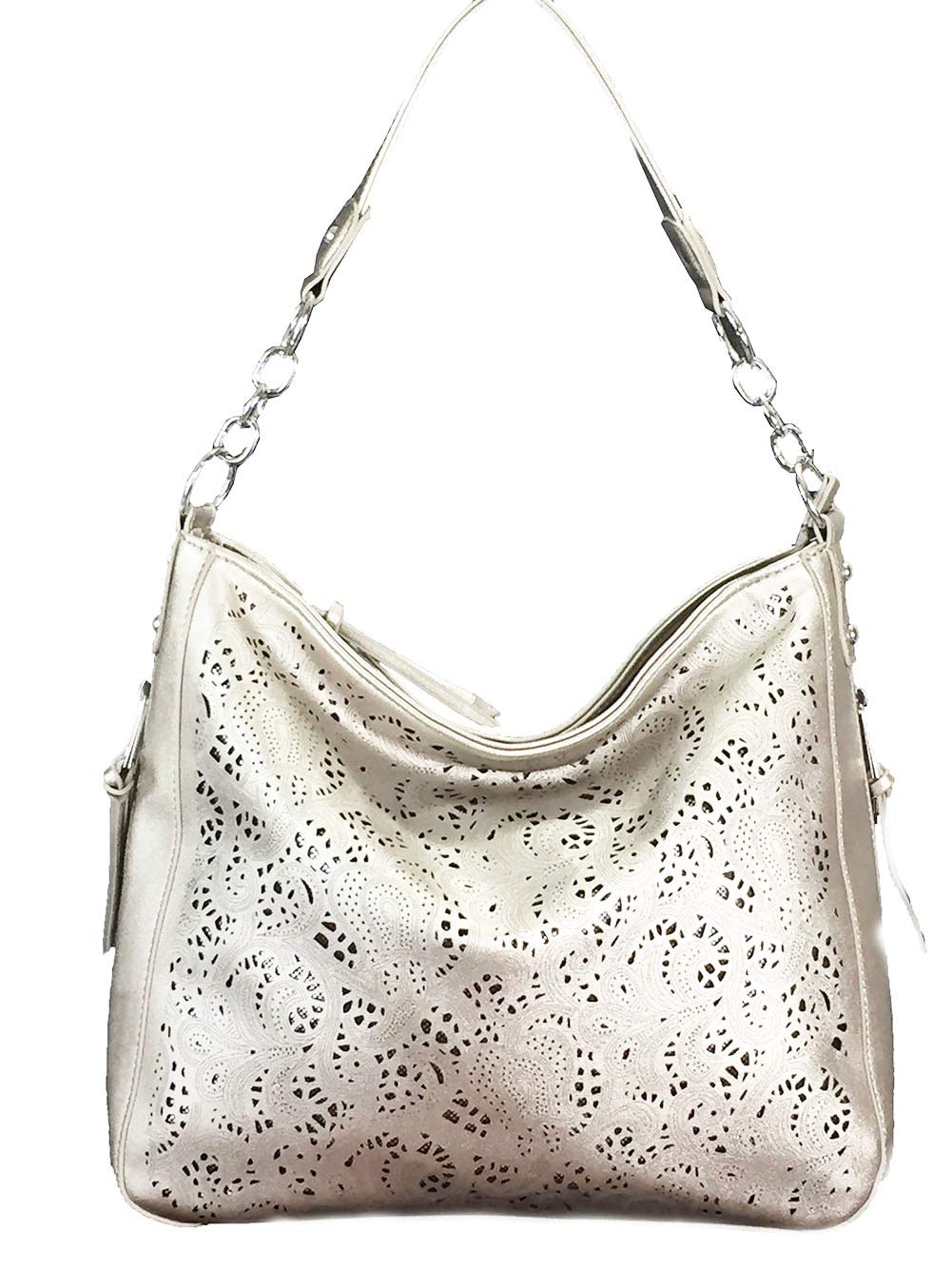 Zzfab Laser Cut Bling Hobo fashion CCW Bag Faux Leather Concealed Carry Purse Pewter