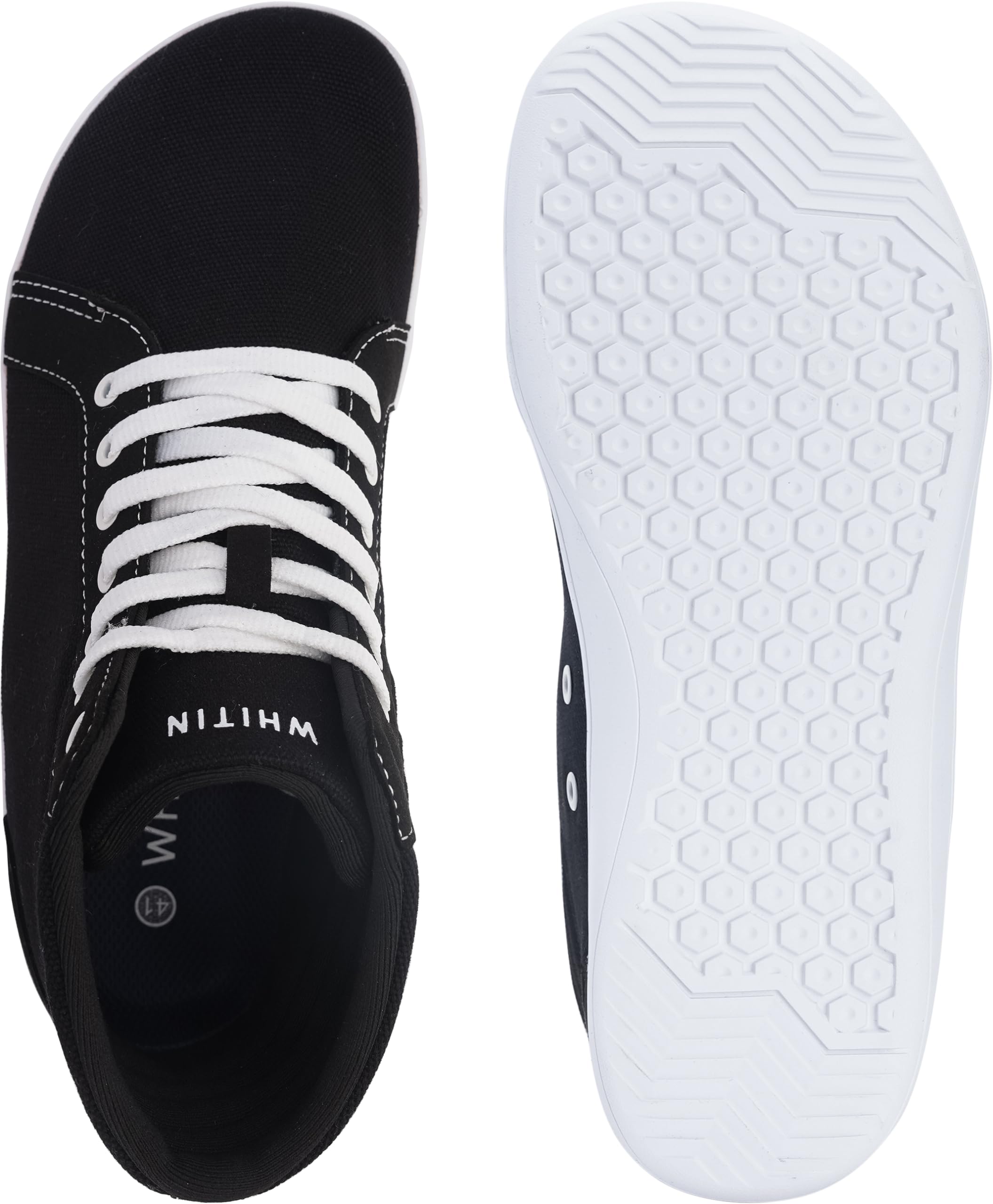 WHITIN Men's Wide Toe Box High Top Barefoot Shoes Casual Minimalist Black White Size 9
