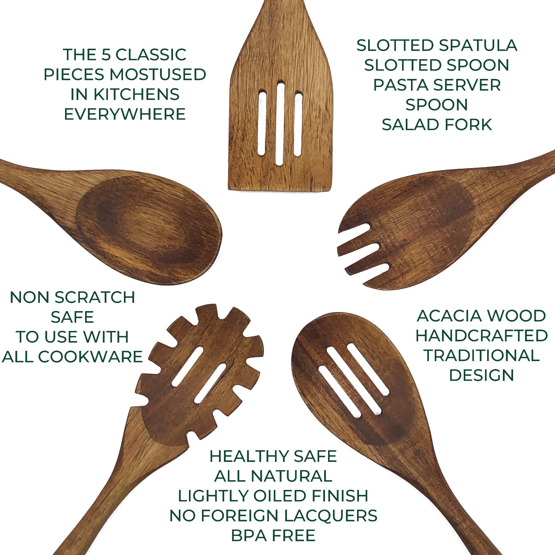 Wooden Spoons for Cooking - Kitchen Utensils Set of 5, Acacia Wood Utensil Sets, with Slotted Spoon, Salad Fork, Spatula, Pasta Server (Rich Brown)
