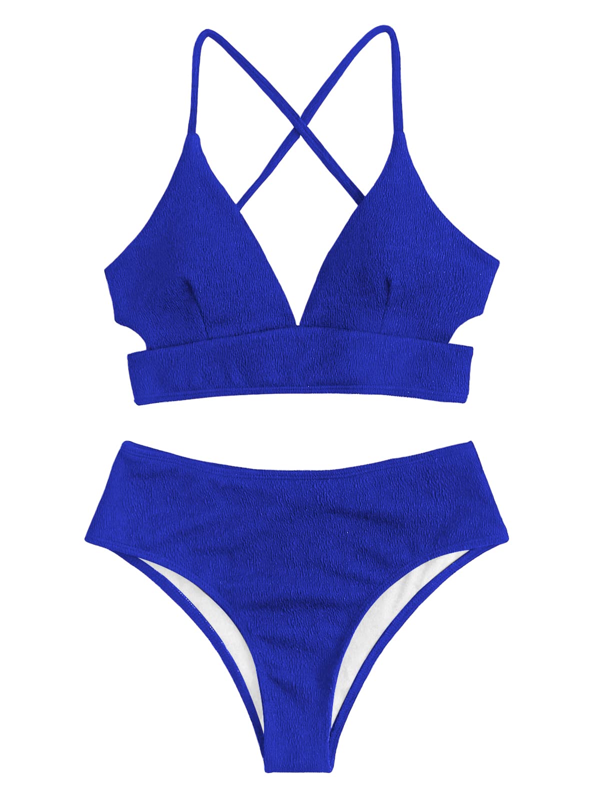 ZAFUL Women's Crisscross High Waisted Bikini Set Crinkle Textured Cut Out Tankini Two Piece Padded High Rise Swimsuit Deep Blue L