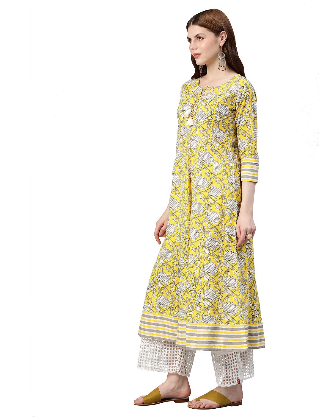 Yash Gallery Indian Cotton Floral Printed Anarkali Kurtis for Women (Lemon Yellow)
