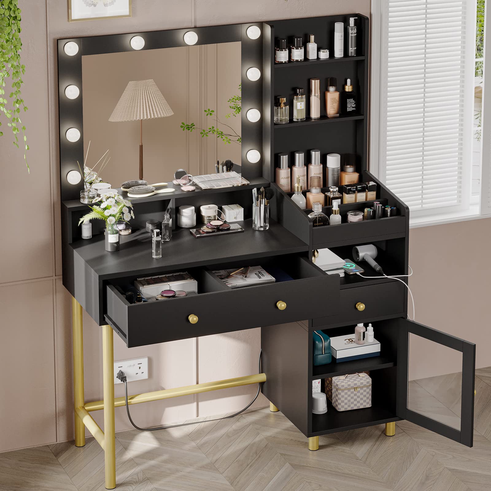 VIAGDO Black Vanity Desk with Mirror and Lights, Makeup Vanity with Charging Station & 3 Storage Compartments, Makeup Desk with Drawers and Open Storage Shelves, Bedroom Dressing Table
