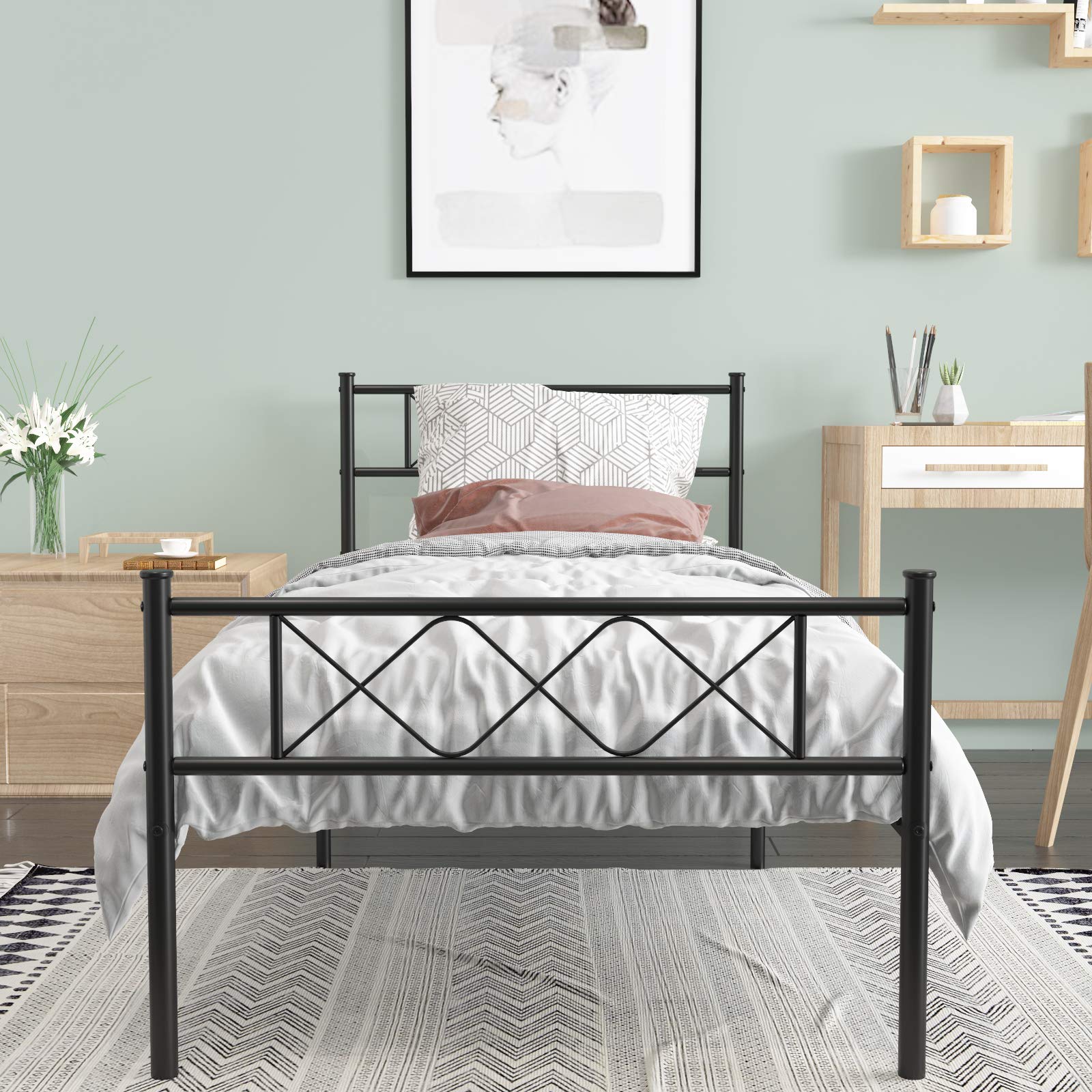Weehom Metal Twin Bed Platform Frame Heavy Duty Steel Slat Under Bed Storage, Gold