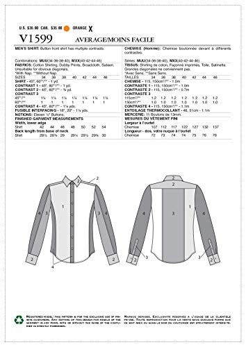 Vogue V1599MXX Men's Button-Up Dress Shirt Sewing Patterns by Koos Van den Akker, Sizes 40-46