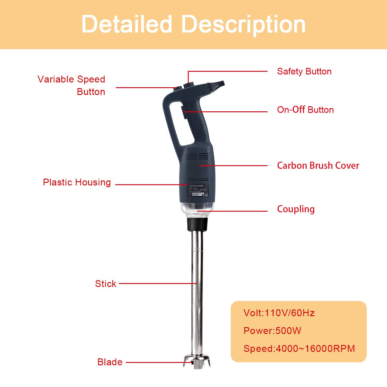 Zz Pro Commercial Electric Big Stix Immersion Blender Hand held variable speed Mixer 500 Watt power with 18-Inch Removable Shaft 40-Gallon capacity(LW500S18)