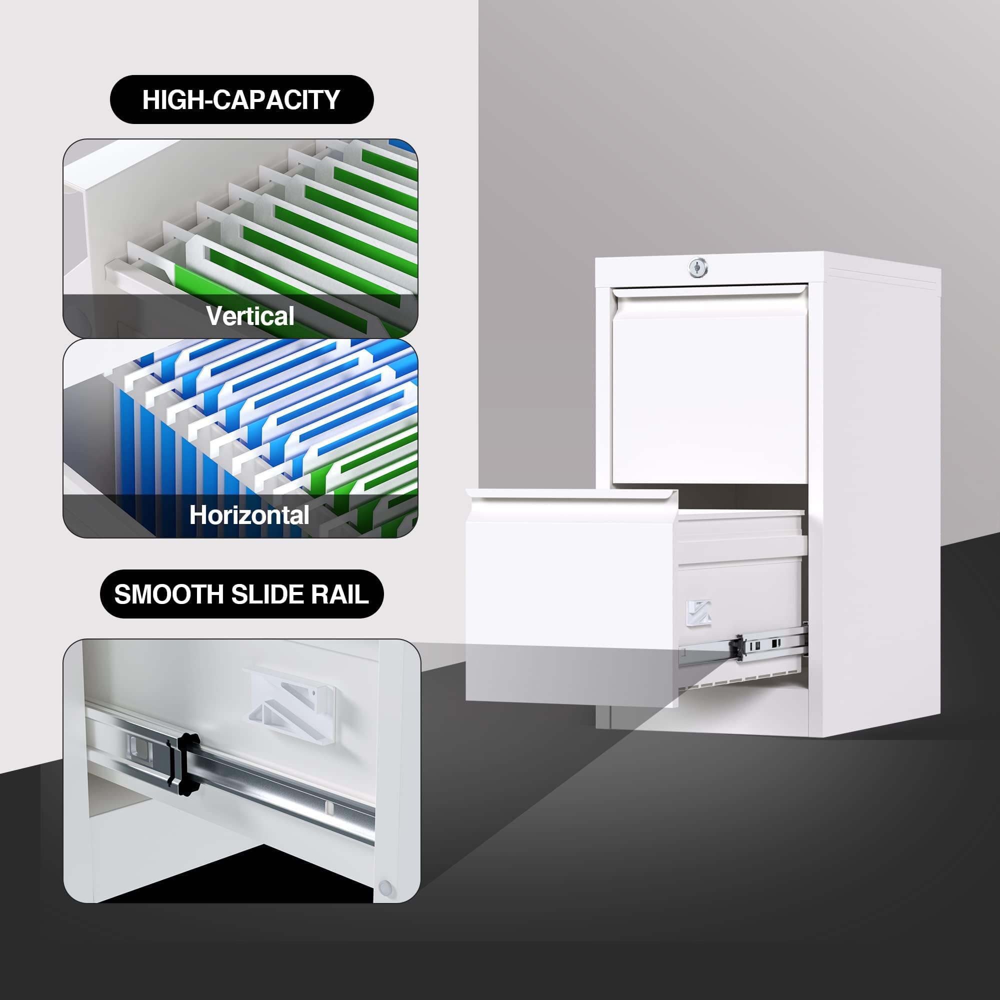 SUXXAN Metal Letter File Cabinets with Lock,2 Drawer Steel Deep Vertical File Cabinet for Legal Size, W14.96”x D17.72”x H28.7”, Assembly Required(White, 2 Drawer)