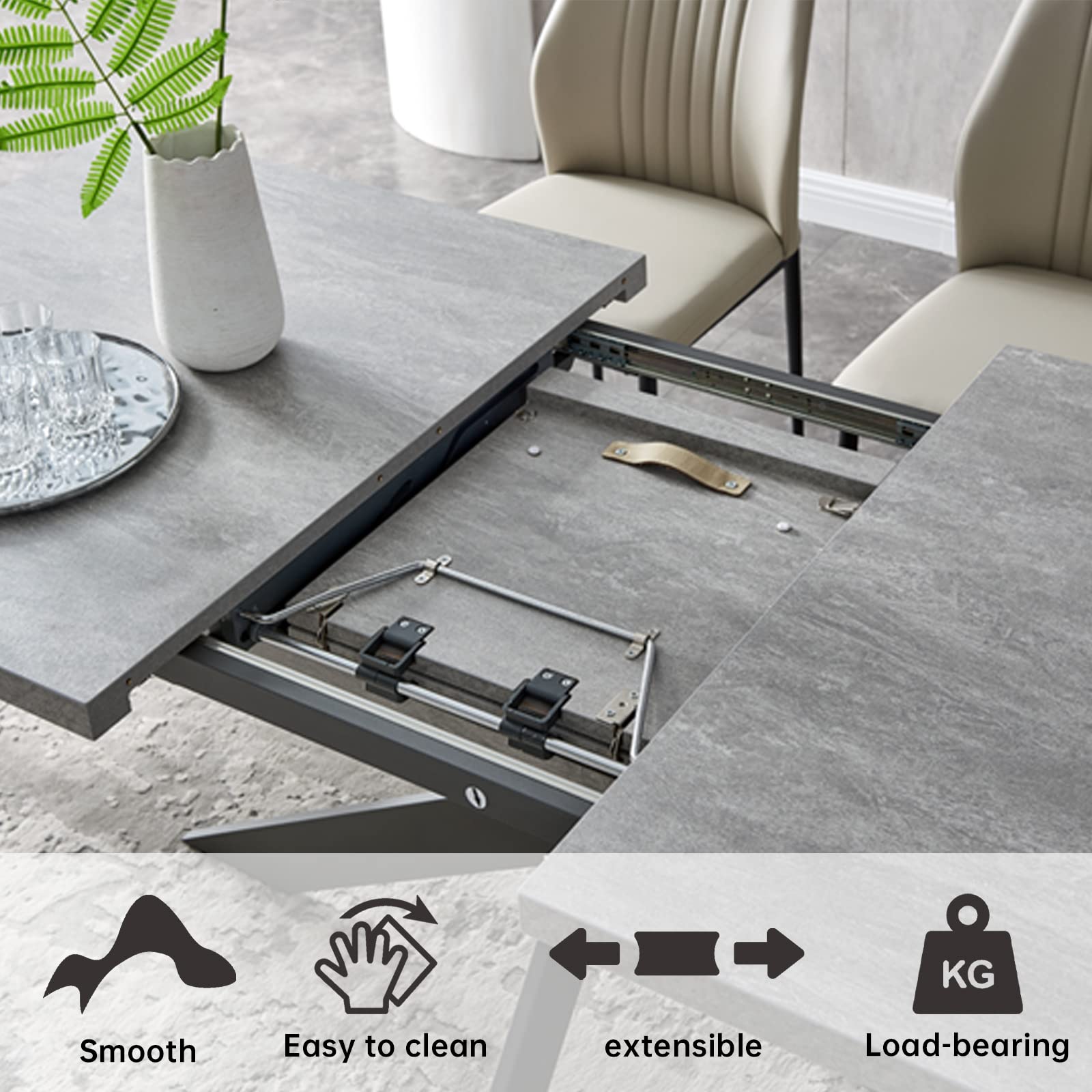 ZckyCine 6-8 People Modern Dining Table Rectangular Kitchen Dining Table Space-Saving Expandable Dining Table Metal Frame……