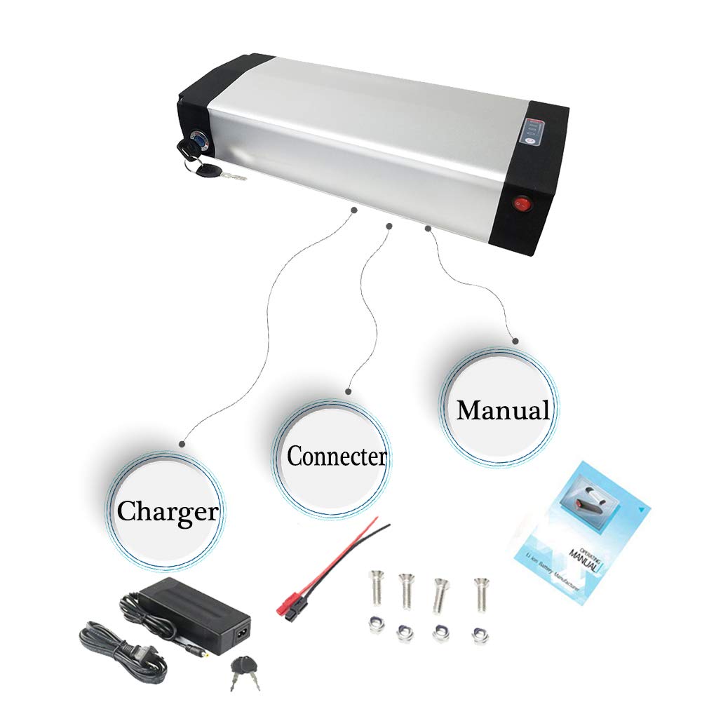 Yasco (US Warehouse) 48v 20Ah Ebike Battery with Rear Rack, Removable Large Capacity Lithium Battery Pack for 500w/750w/1000w Electric Bicycle Conversion Kit