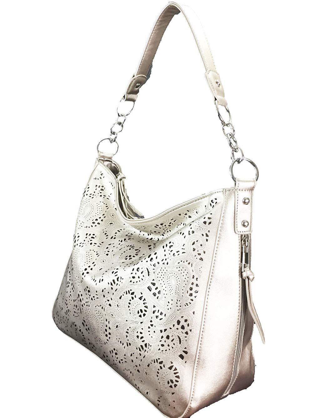 Zzfab Laser Cut Bling Hobo fashion CCW Bag Faux Leather Concealed Carry Purse Pewter