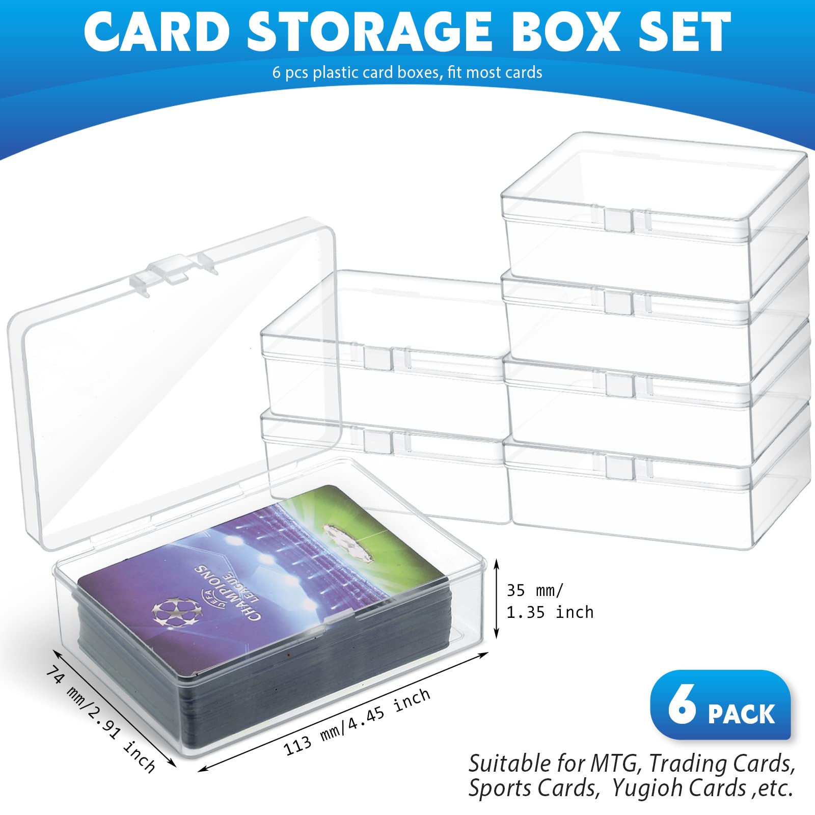 Vicenpal 6 Pcs Playing Card Boxes Clear Plastic Card Deck Cases Trading Card Storage Box Collectible 100 Card Game Card Cases Holder 4.45 x 2.91 x 1.35 Inch Compatible with MTG TCG