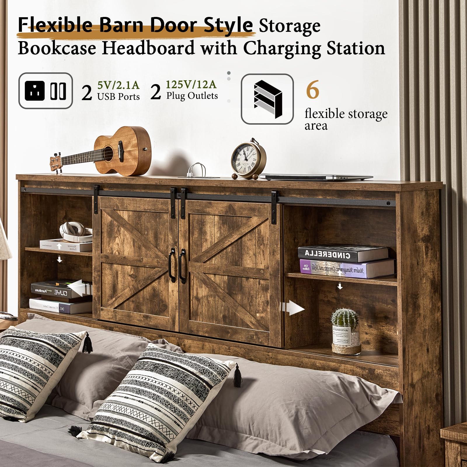 VanAcc Queen Size Bed Frame, Wooden Platform Storage Bed with 51.2" Bookcase Headboard, 2 Drawers, Charging Station/No Box Spring Needed/Noise Free(Rustic Brown)