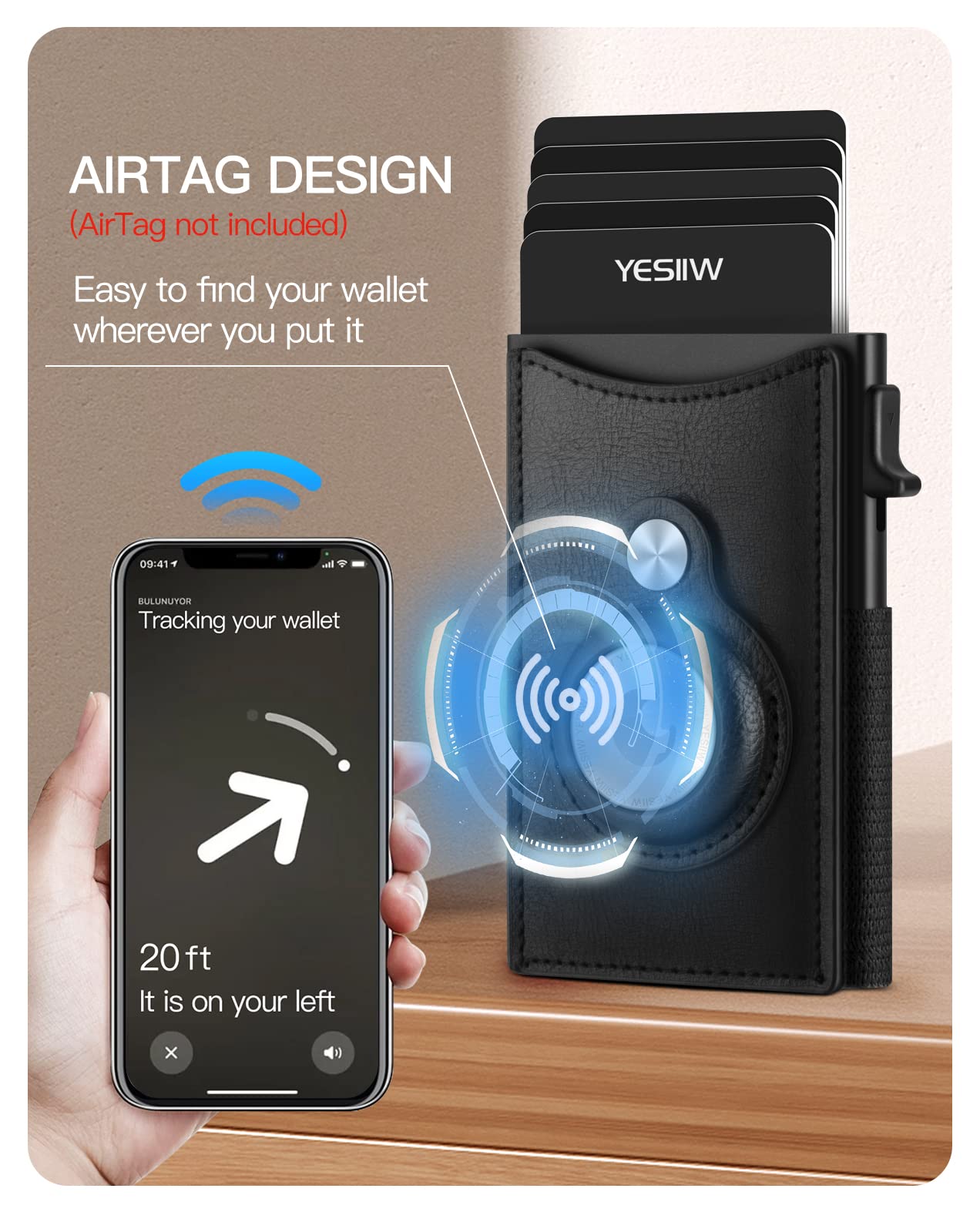YESIIW AirTag Wallet for Men with Apple Airtag Holder RFID Blocking Slim Pop up Air Tag Credit Card Holder with Elasitc Pocket Smart Leather Wallet with Multi Purpose Survival Tool Black