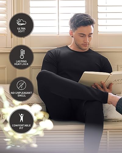 WEERTI Thermal Underwear for Men Long Johns Mens with Fleece Lined, Base Layer Men Cold Weather Top Bottom (Black XL)