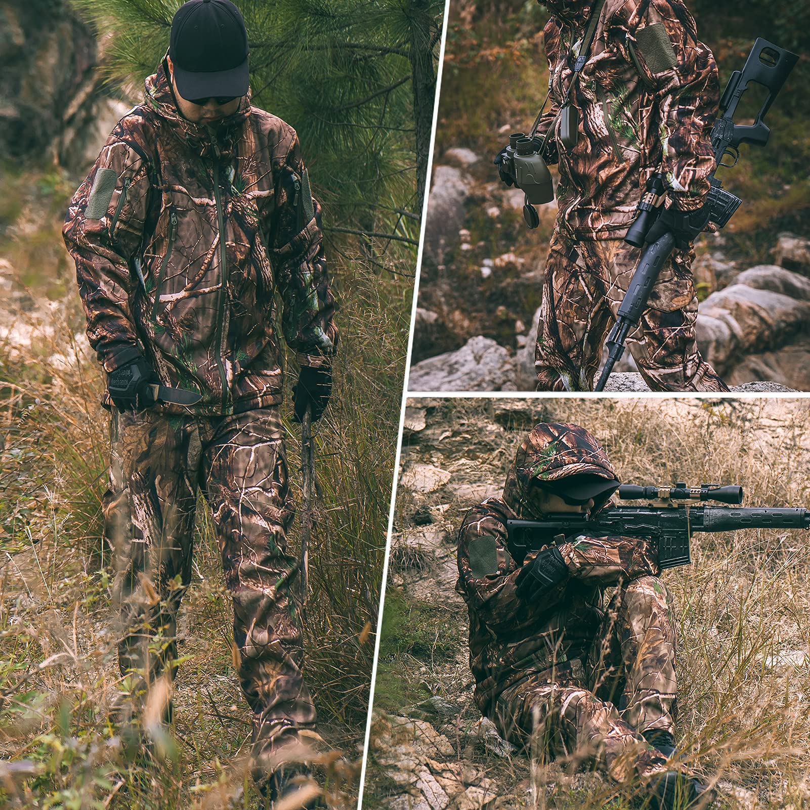 YEVHEV Quiet Hunting Clothes for Men Hunt Clothing Suit Gear Camouflage Hoodie Jacket and Pants Camo Coat Water-Repellent Windproof