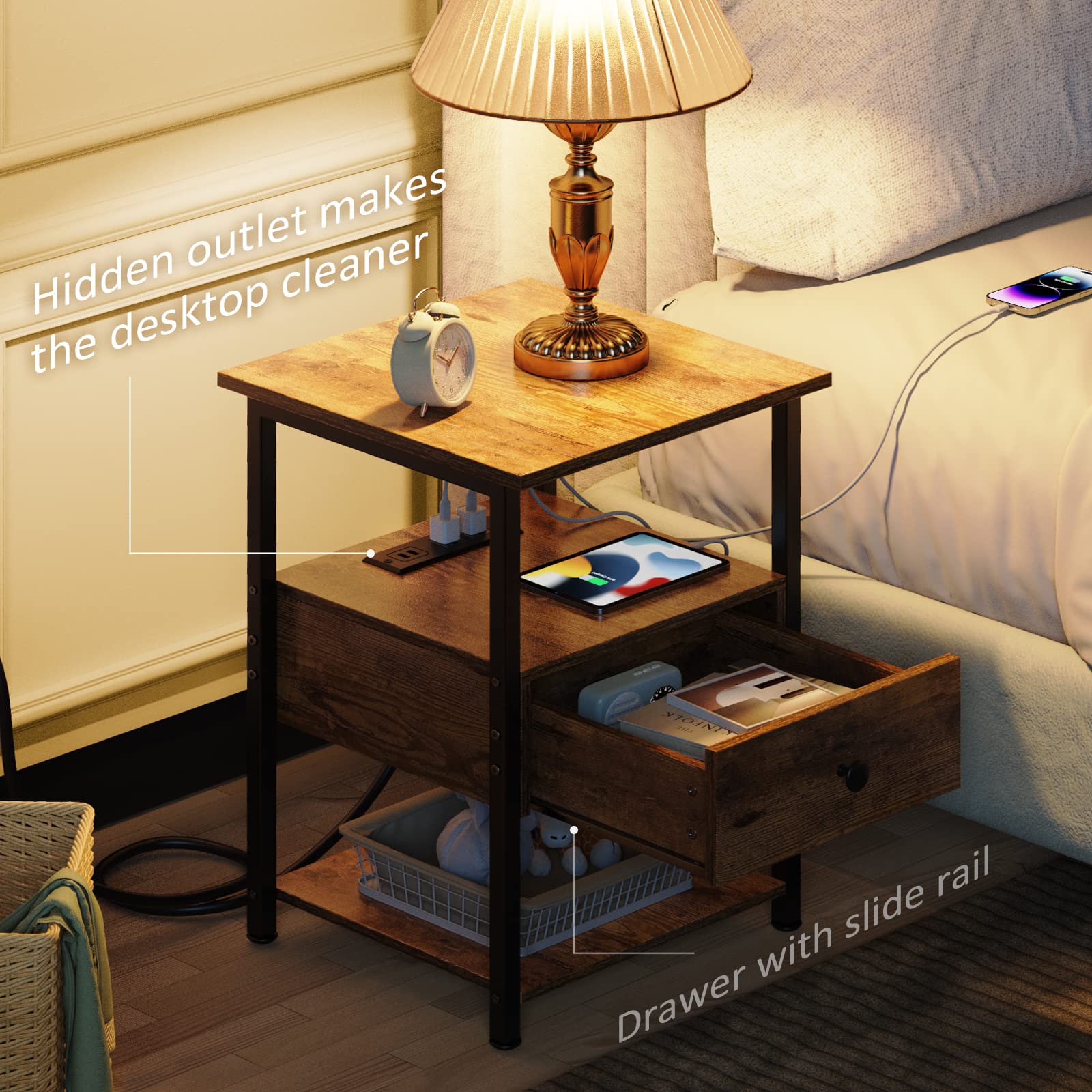 Yaabii Side Tables,End Table with USB Ports and Outlets,Nightstands with Charging Station,Bedside Tables with Storage Shelves for Living Room,Bedroom