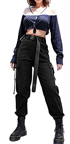 VANGULL Womens High Waisted Cargo Pants Pockets Casual Loose Combat Twill Trousers Girls Black