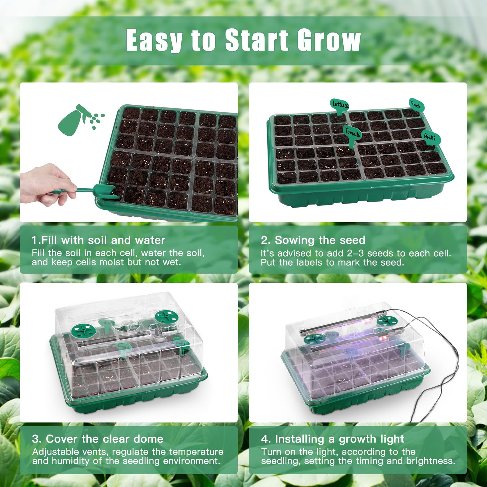 ZMHOO 2PCs Seed Starter Trays with Humidity Domes 96 Cells Seedling Starter Kit with Adjustable Grow Light Plant Starter Kit&Base with 2 Garden Tools&20 Plant Labels Mini Greenhouse Germination