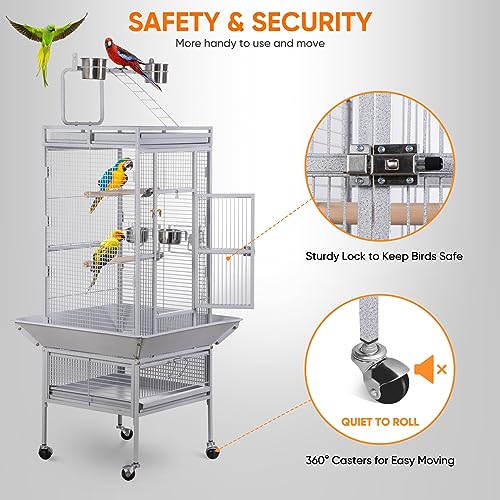 ZENY 61-inch Large Parrot Cockatiel Bird Cages with Wrought Iron Play Top, Aviary with Rolling Stand for Sun Parakeet Quaker Conure Lovebird Budgie Finch African Grey White Birdcage (White)