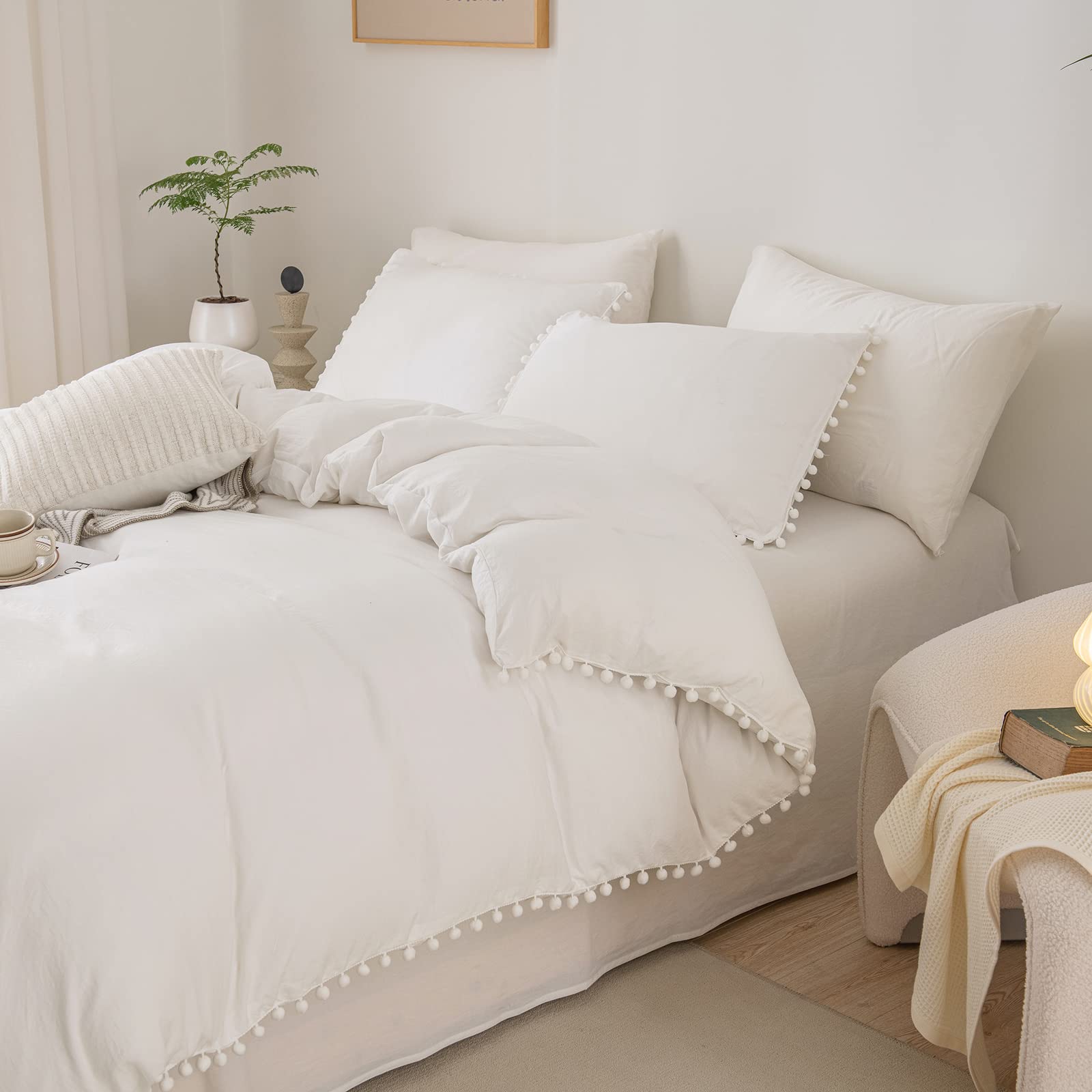 White Duvet Cover Set Boho Duvet Cover Set Queen Size Solid White Pom Pom Fringe Trim Design 3 Pcs White Comforter Cover Set (Queen, White)