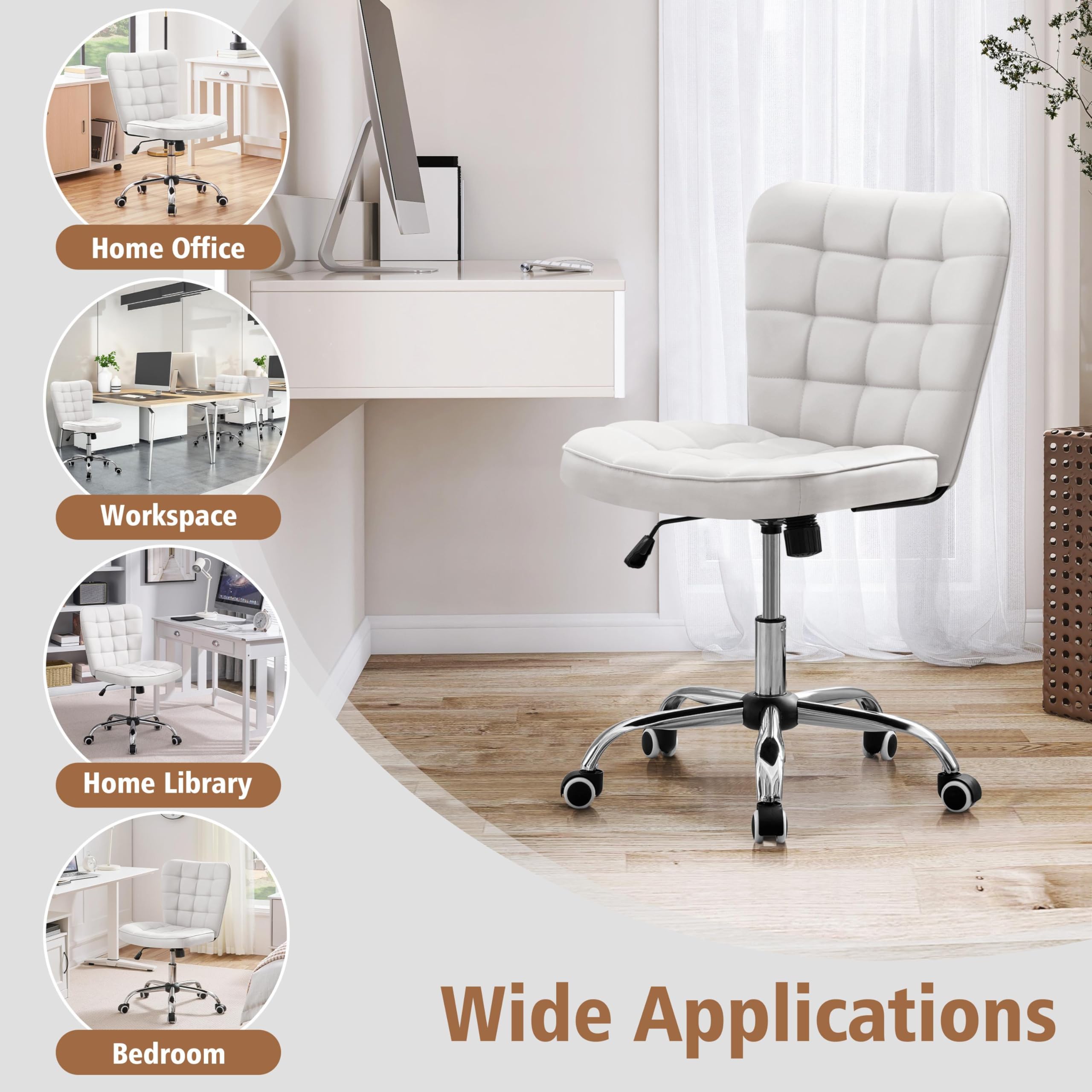 Yaheetech Armless Desk Chair Modern Tufted Office Chair Faux Leather Upholstered Computer Chair with Adjustable Seat Height and Rolling Wheels for Home/Office, White