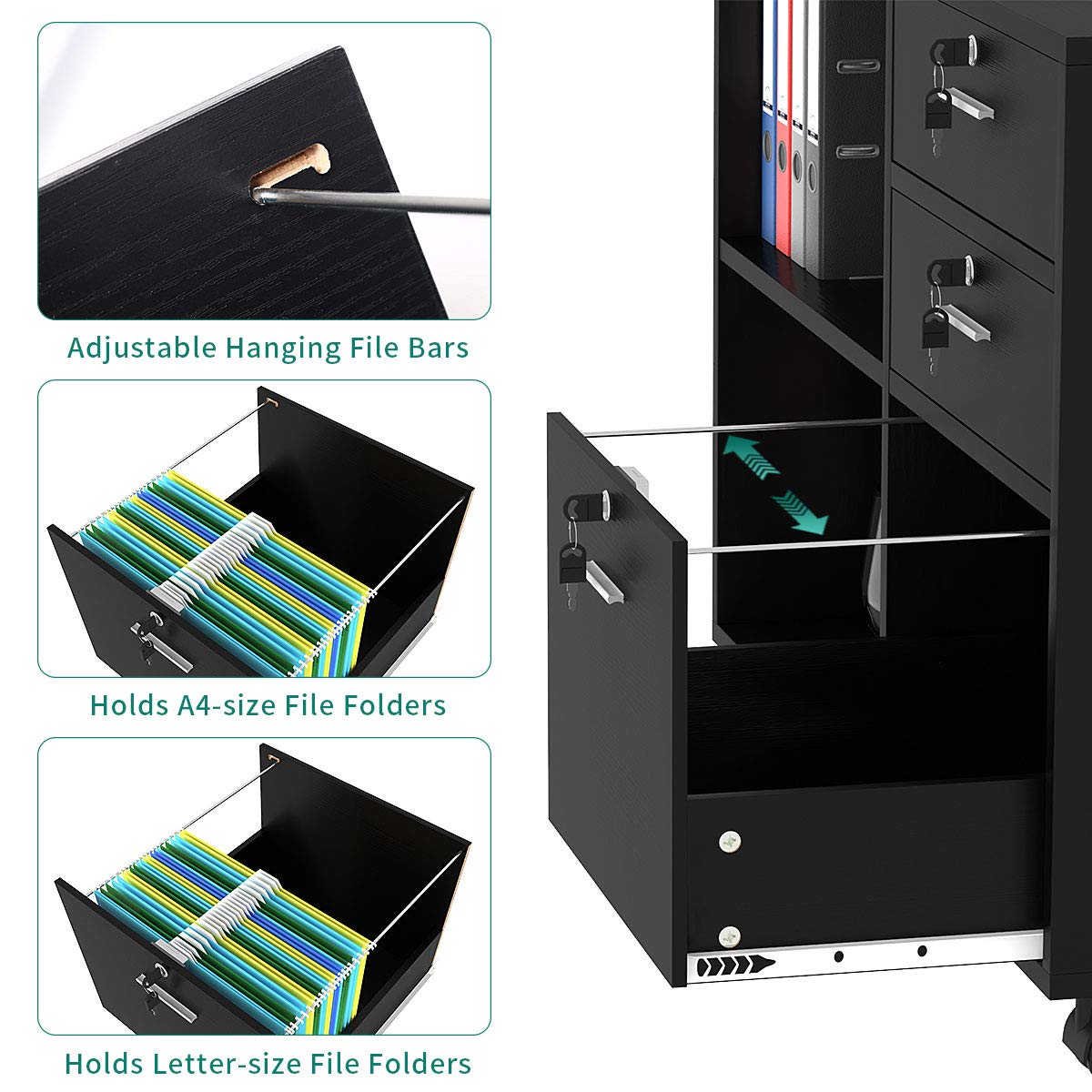 YITAHOME Wood File Cabinet, 3 Drawer Mobile Lateral Filing Cabinet, Storage Cabinet Printer Stand with 2 Open Shelves for Home Office Organization, Black