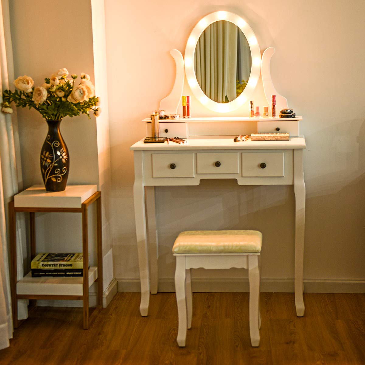 Vanity Set Cushioned Stool, 360° Spinning Oval Mirror Makeup Dressing Table with 12 LED Lights, Removable Top, 5 Storage Drawers, for Bedroom Bathroom, White