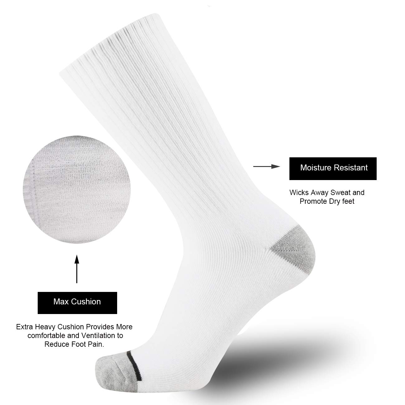 Vanksox Men's Cotton Moisture Wicking Extra Heavy Cushion Athletics Working Crew Socks(White 10P)
