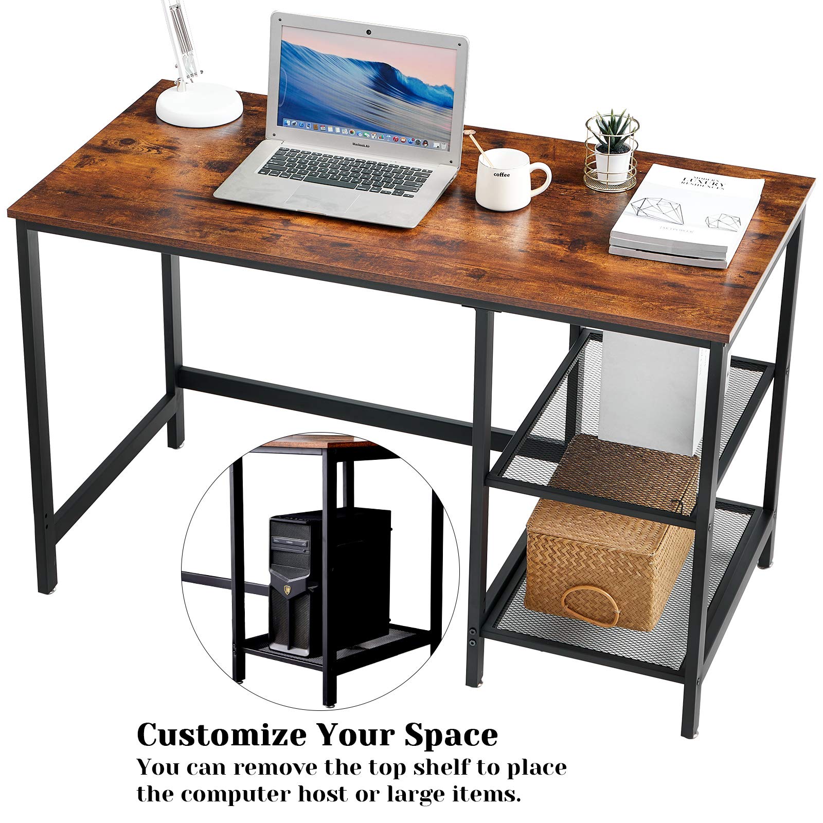 YMYNY Industrial Computer Desk, 47 Inch Large Study Writing Table with 2 Storage Shelves, Home Office PC Laptop Notebook Desk with Bookshelf, Easy Assembly, Rustic Brown UHTMJ33MH