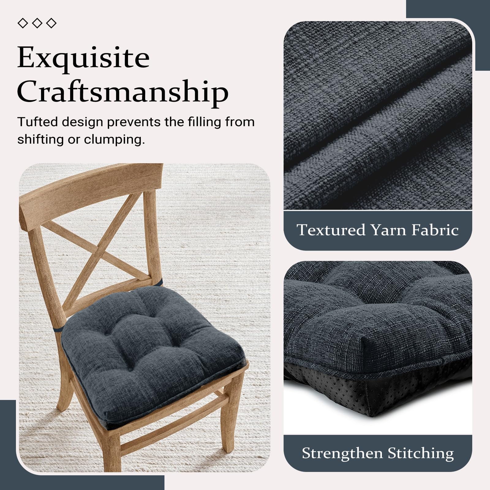 Wellsin Chair Cushions for Dining Chairs 4 Pack, 15.5" X 15.5" Kitchen Chair Cushions with Ties and Non-Slip Backing, Tufted Shredded Memory Foam Kitchen Chair Pads, Navy