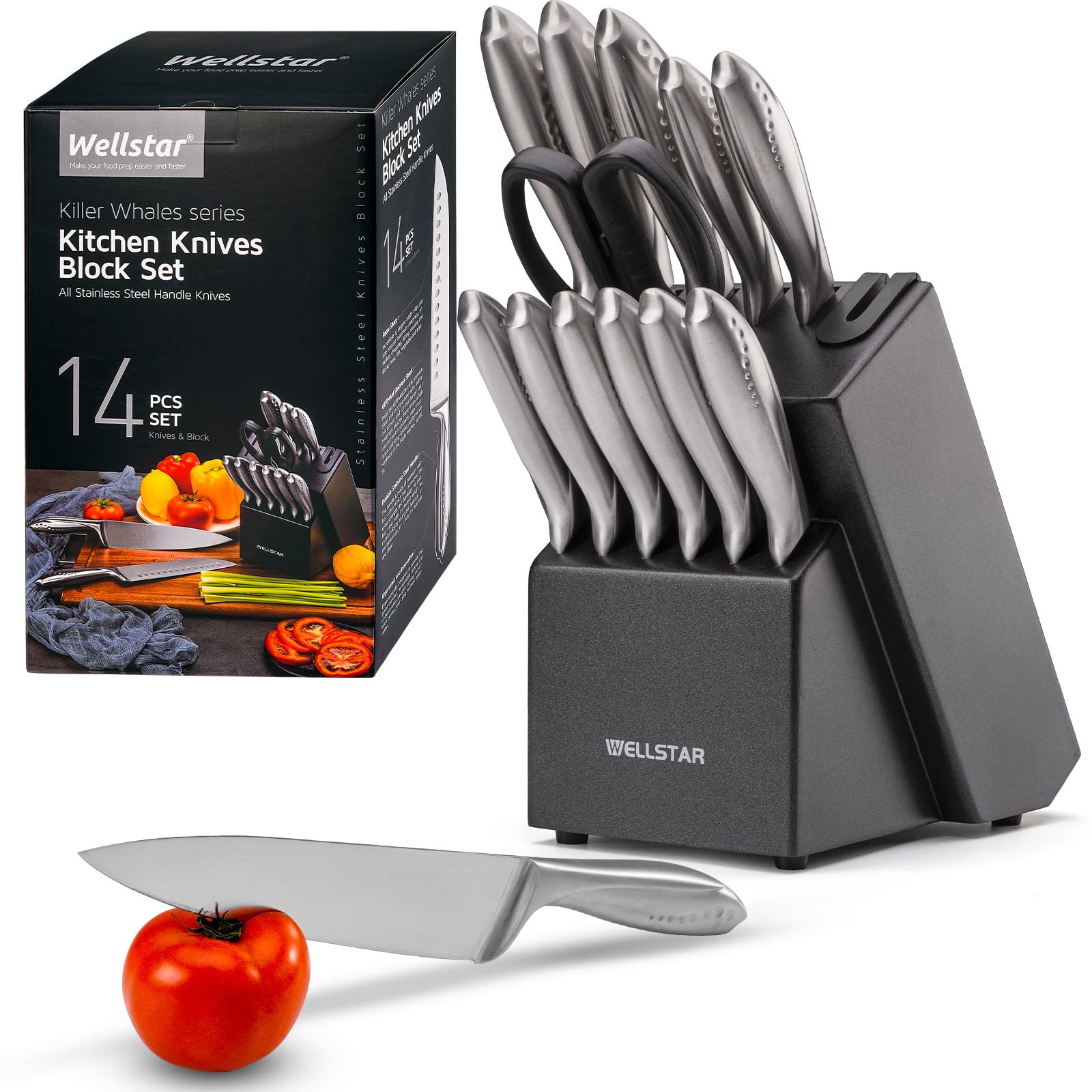 WELLSTAR Knife Set, Super Sharp German Stainless Steel Kitchen Knives Set with Wooden Block, Durable All Stainless Steel Handle, Chefās Knife Block Set 14-Piece with Scissors and Built-in Sharpener
