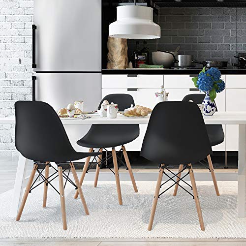 Yaheetech Dining Chairs Modern Side Diner Chairs Shell Eiffel DSW Chairs with Beech Wood Legs and Metal Wires for Dining Room Living Room Bedroom Kitchen Lounge Reception, Set of 4, Black